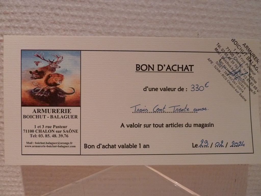 BON D'ACHAT VALEUR 330€ - Articles Cadeaux | Armurerie Boichut-Balaguer